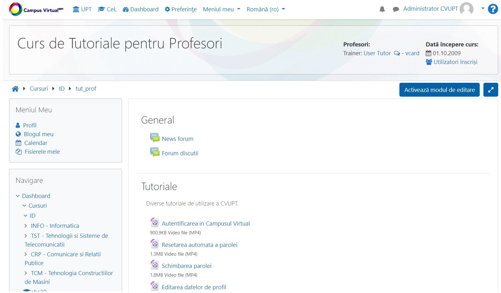 Secțiunea ”Curs de Tutoriale pentru Profesori” în CVUPT - Universitatea ...